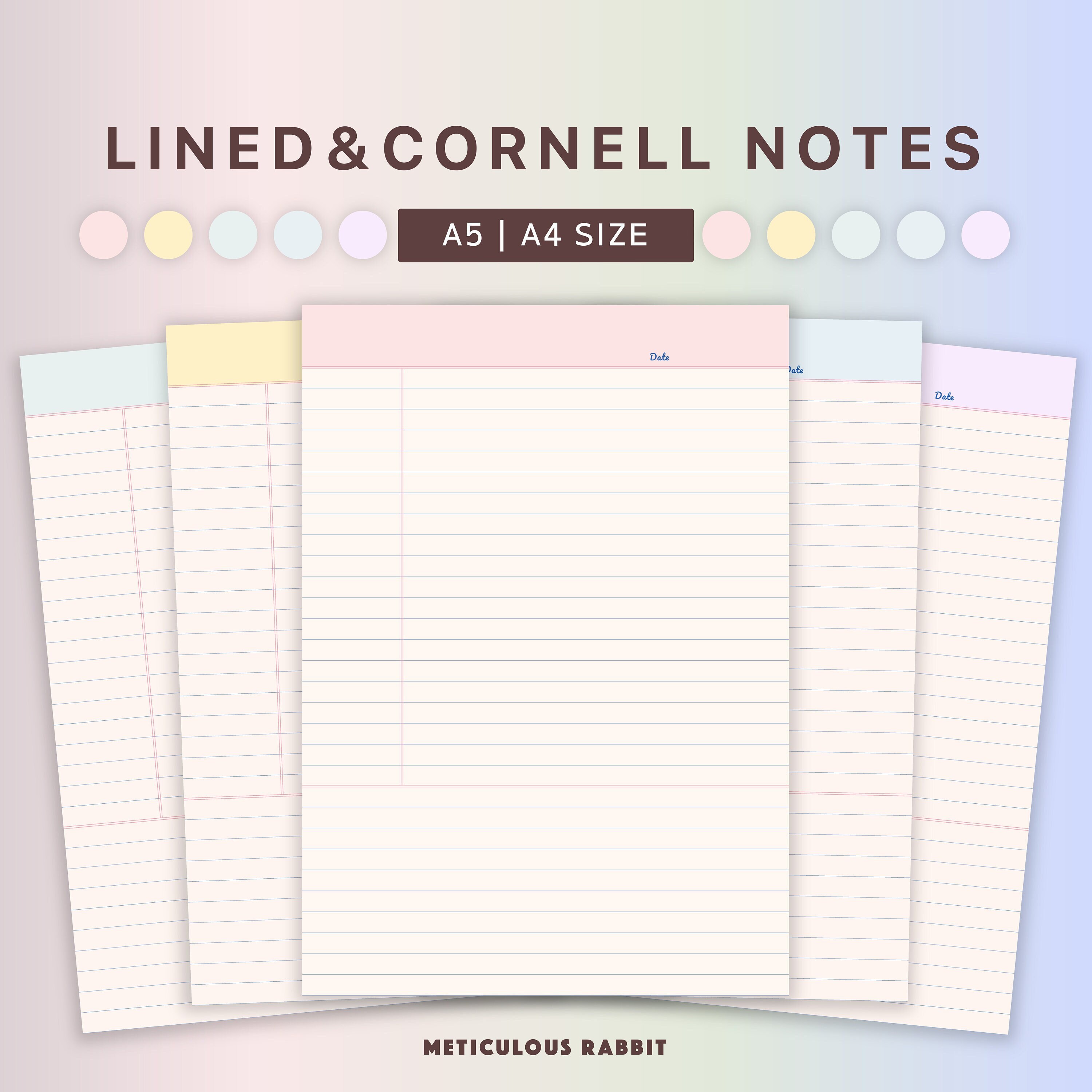 Paper & Party Supplies Paper Printable Cornell note pack 6 Color ...