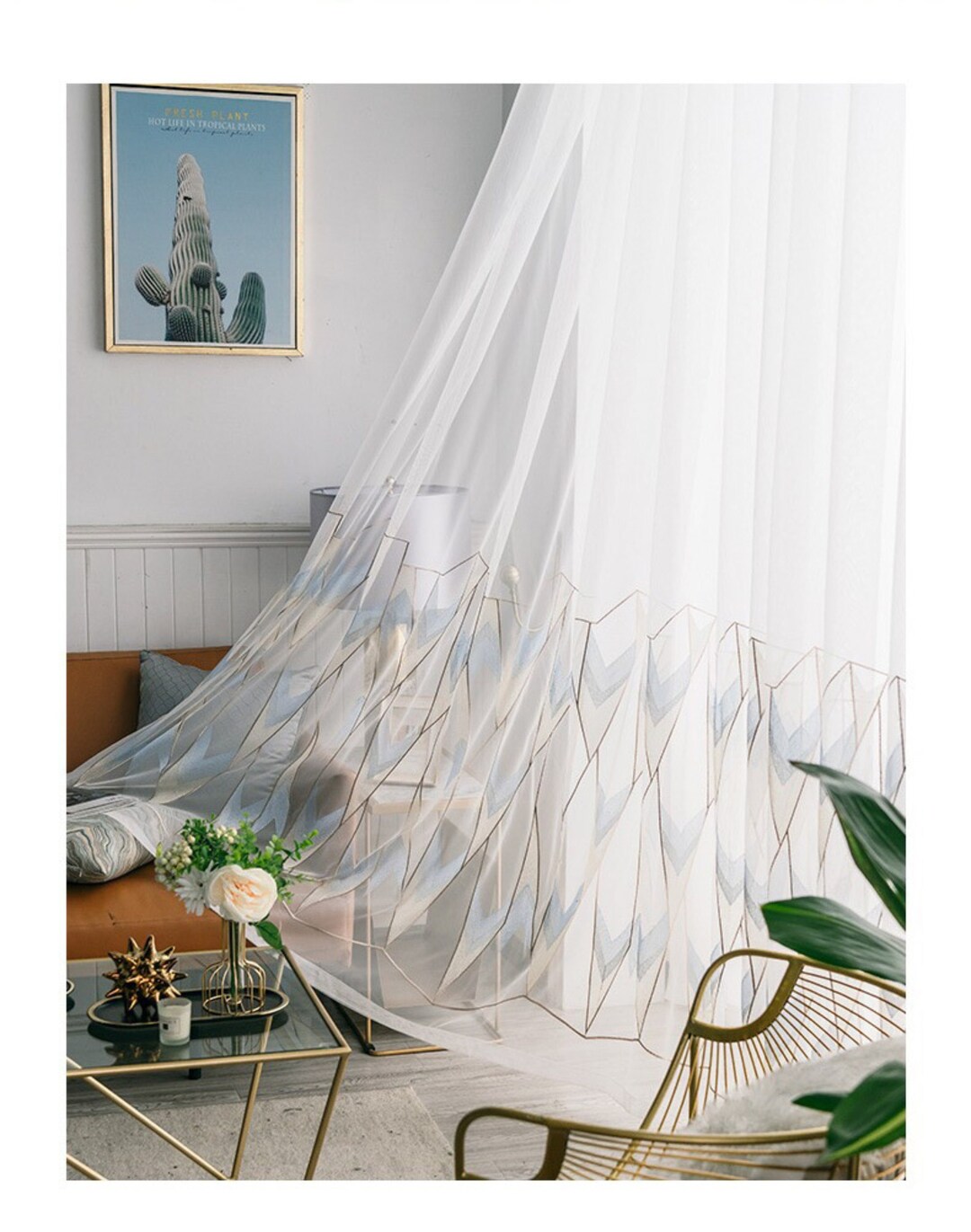 Exquisite Embroidered White Gold String Geometric Voile Tulle Curtains ...