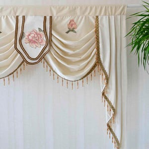 Luxury Style Waterfall Swag Beige Rose Valance Curtain With Tassels for ...