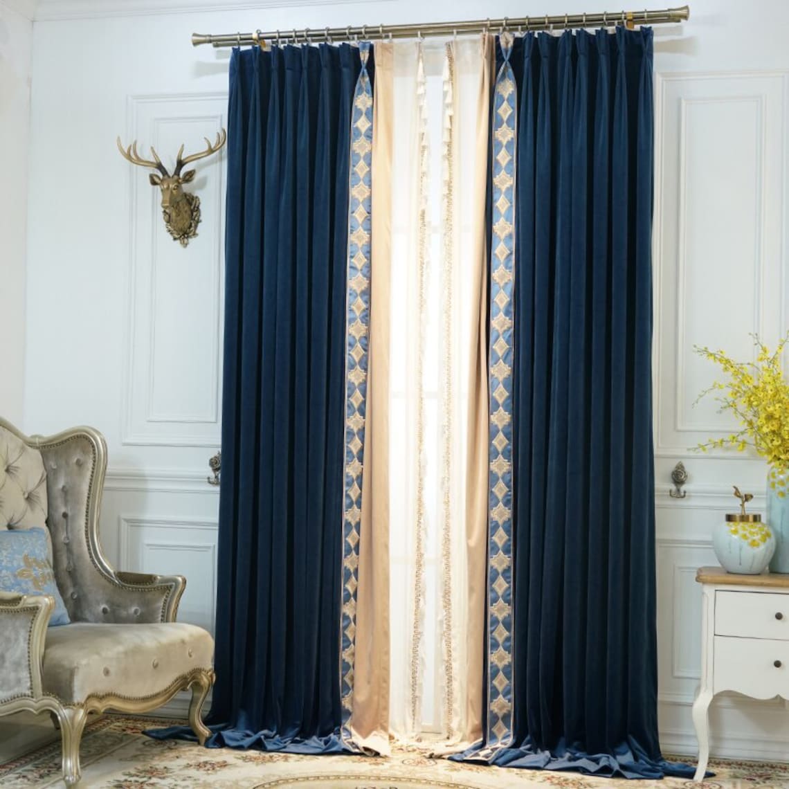 Dark Blue High-end Victorian Velvet Blackout Curtains With - Etsy