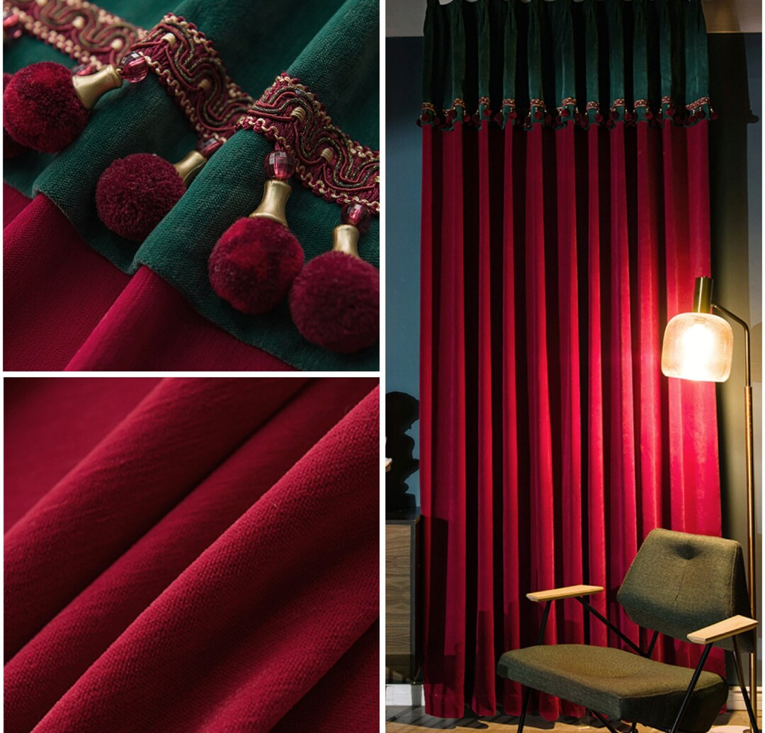 Christmas Chenille Red Green Gold Curtains With Cute Ball Lace for ...