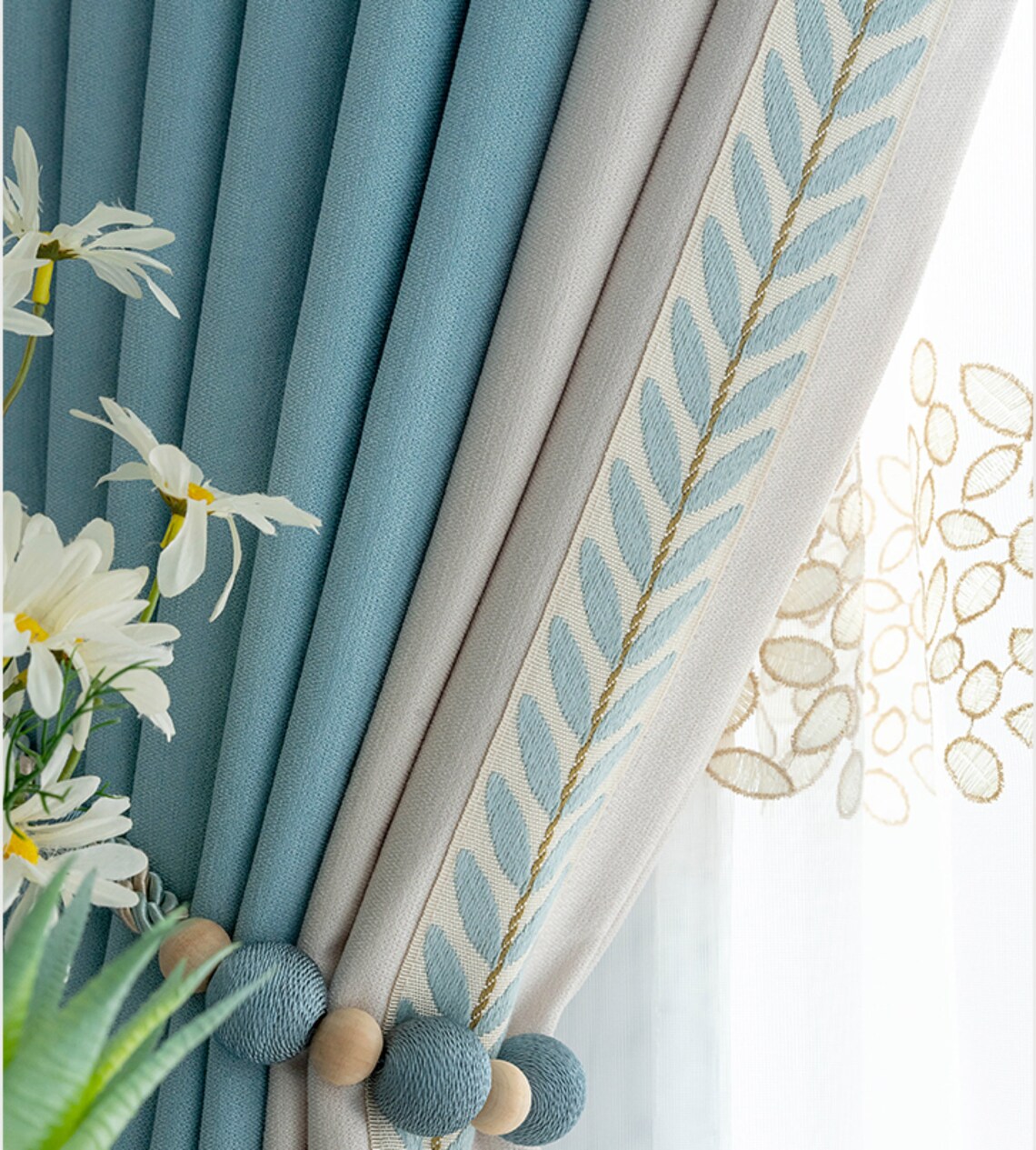 Light Blue Stitching Embroired Curtain Thick and Soft Chenille Curtains ...