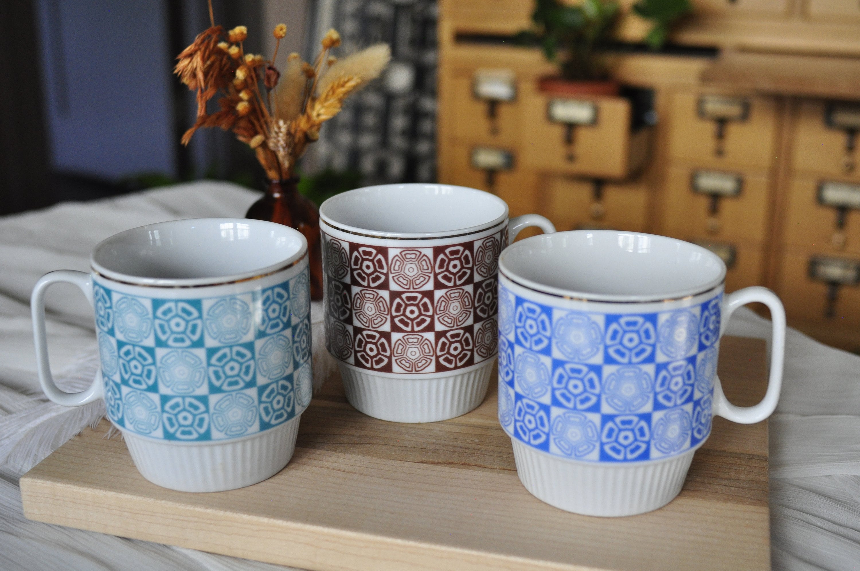 3 Stackable Coffee Cups | Retro Stacking Mugs | Brown, Blue and Teal - Etsy