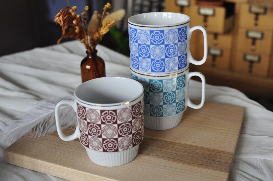 3 Stackable Coffee Cups | Retro Stacking Mugs | Brown, Blue and Teal - Etsy