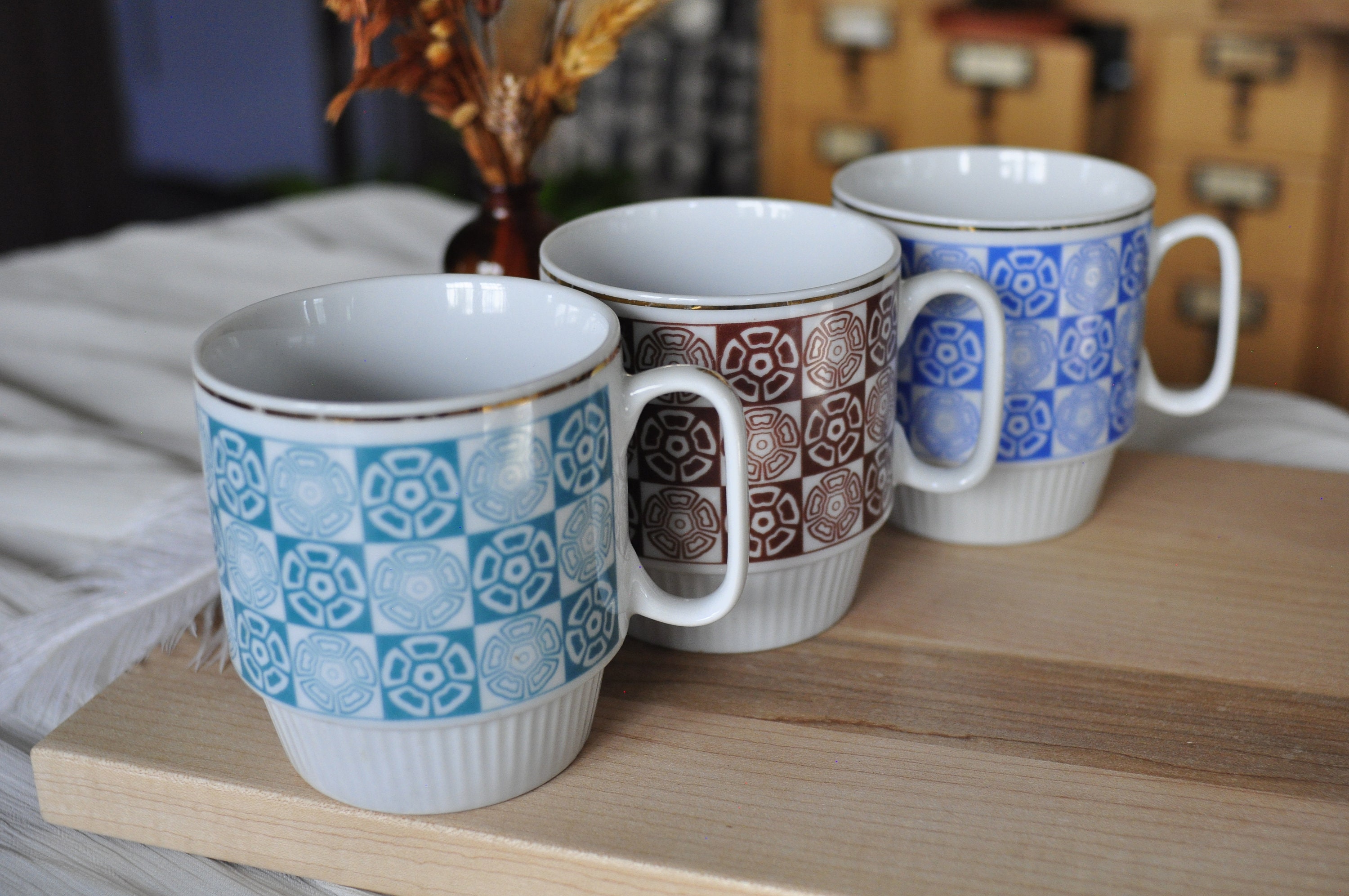 3 Stackable Coffee Cups | Retro Stacking Mugs | Brown, Blue and Teal - Etsy