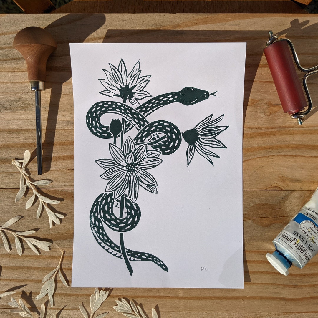 Linocut A5 snake and Sunflowers Handmade - Etsy