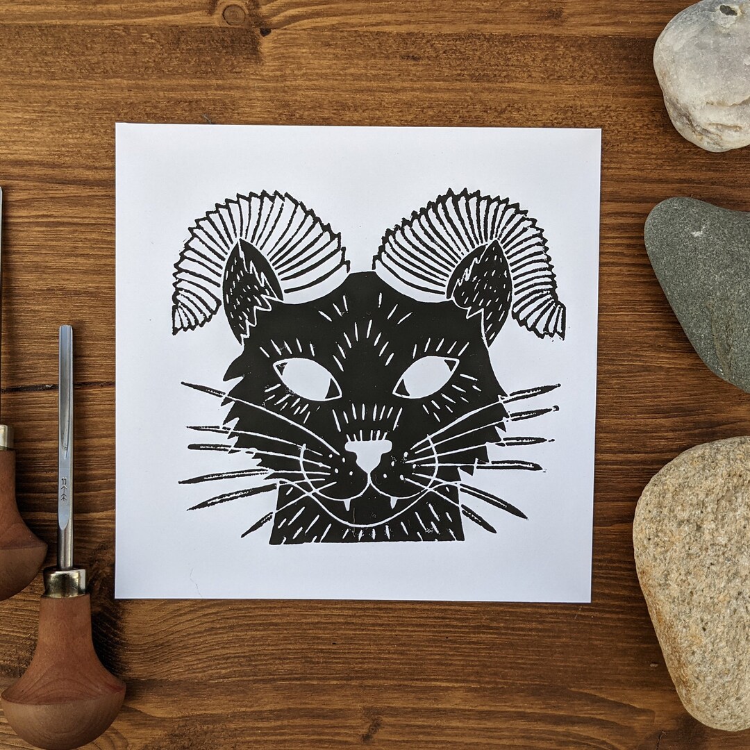 Square Linocut demon Cat Handmade - Etsy