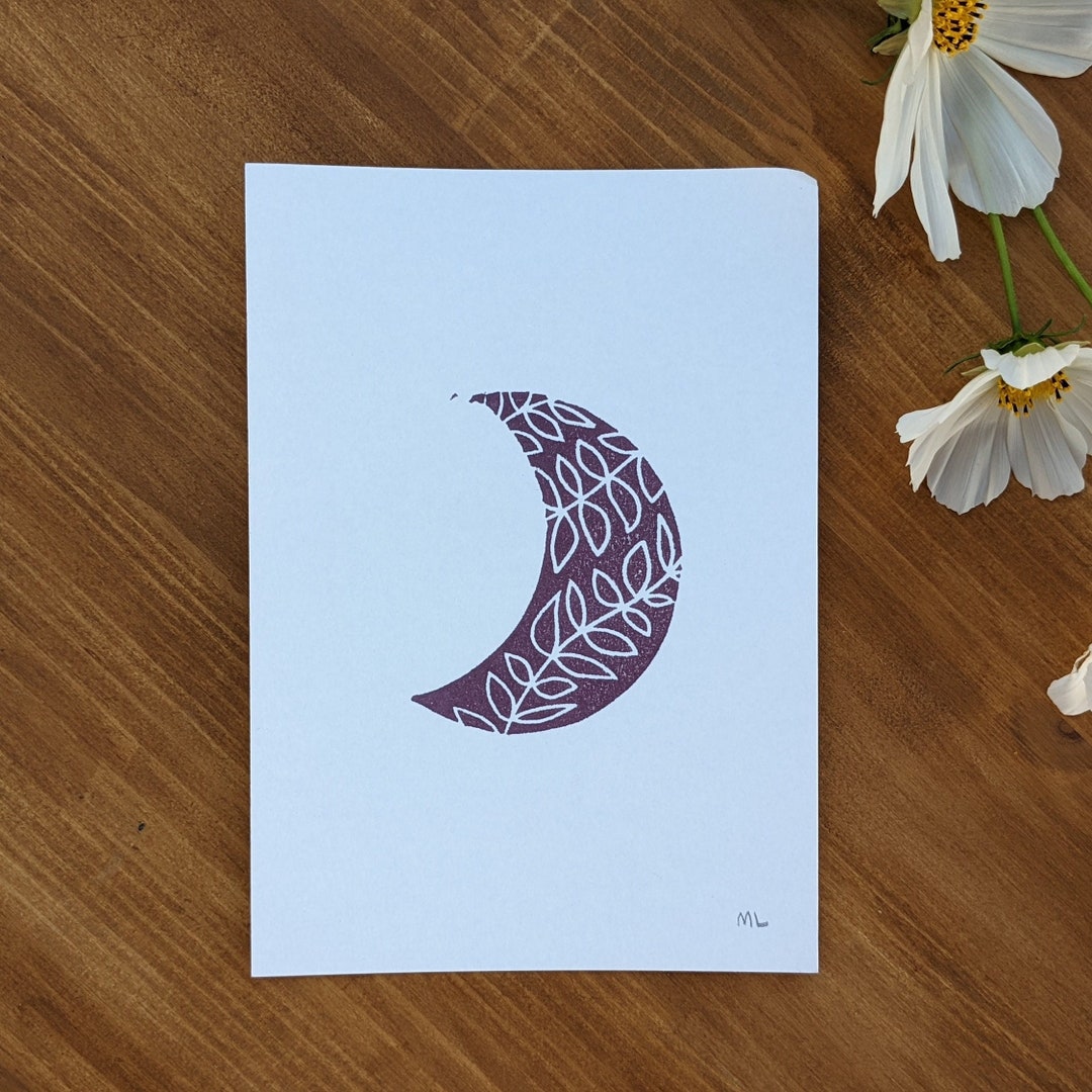 Linocut A6 moon With Foliage Handmade - Etsy