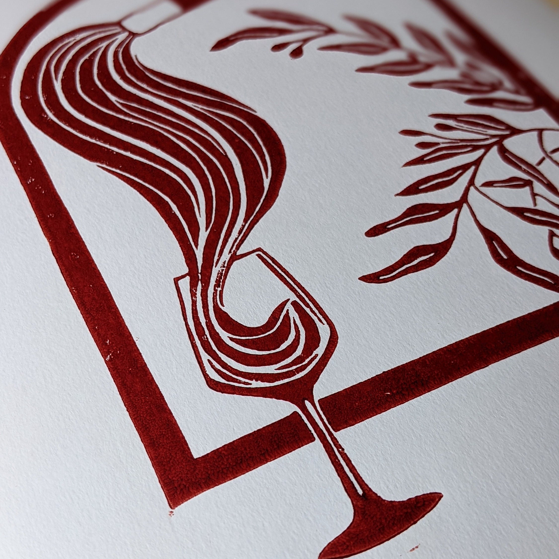 Handmade A4 Linocut "wine, Glass, Bottle and Olive Tree" - Etsy UK