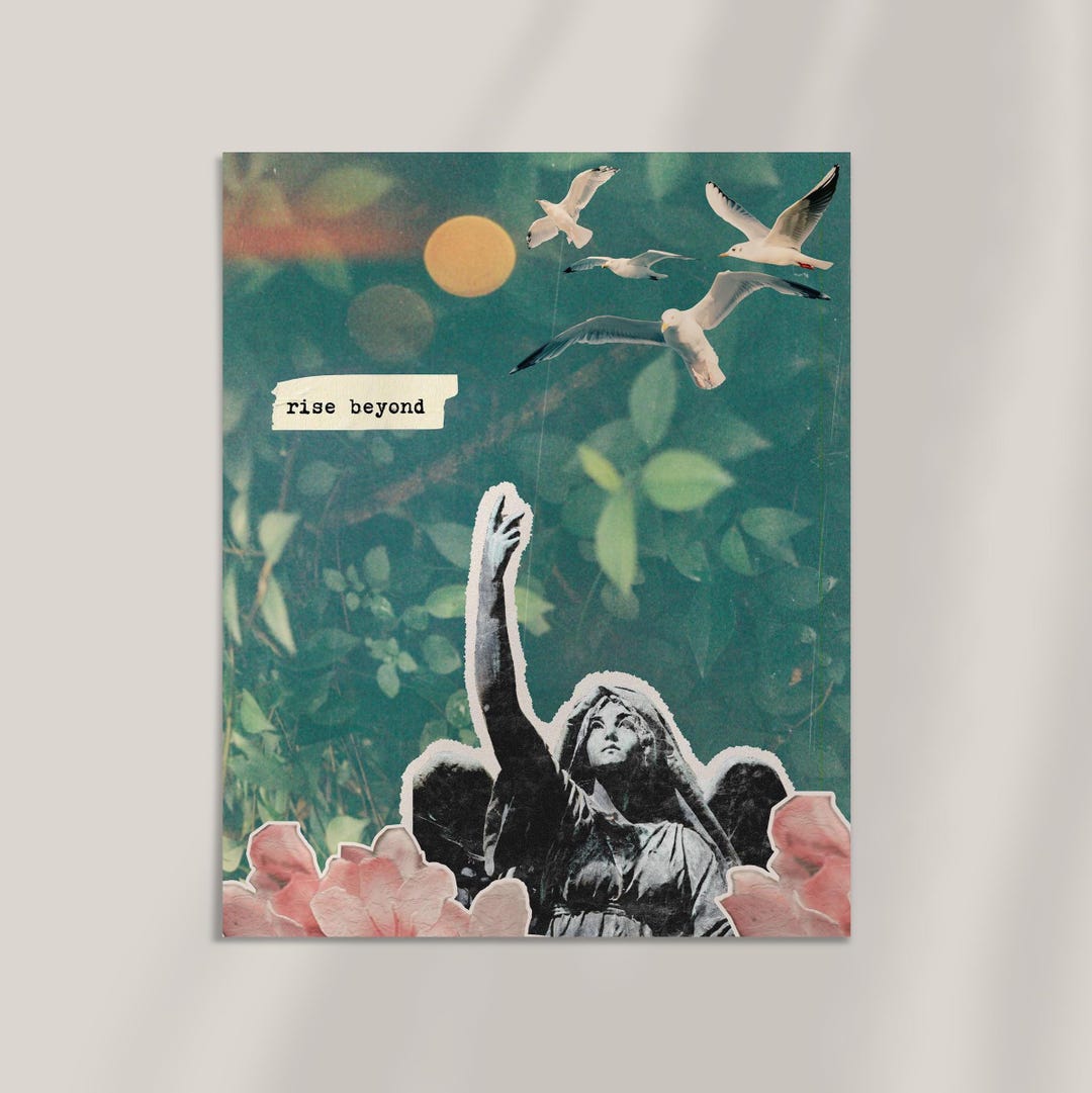 Ethereal Collage Art Print: Angel Statue With Birds, Uplifting Wall Art ...
