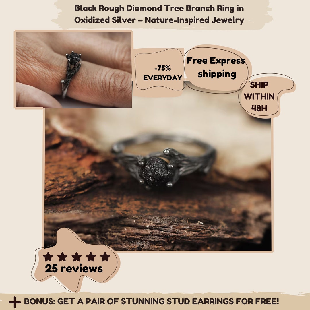 Ready to Ship Black Raw Diamond Tree Branch Ring, Twig Oxidized Silver ...