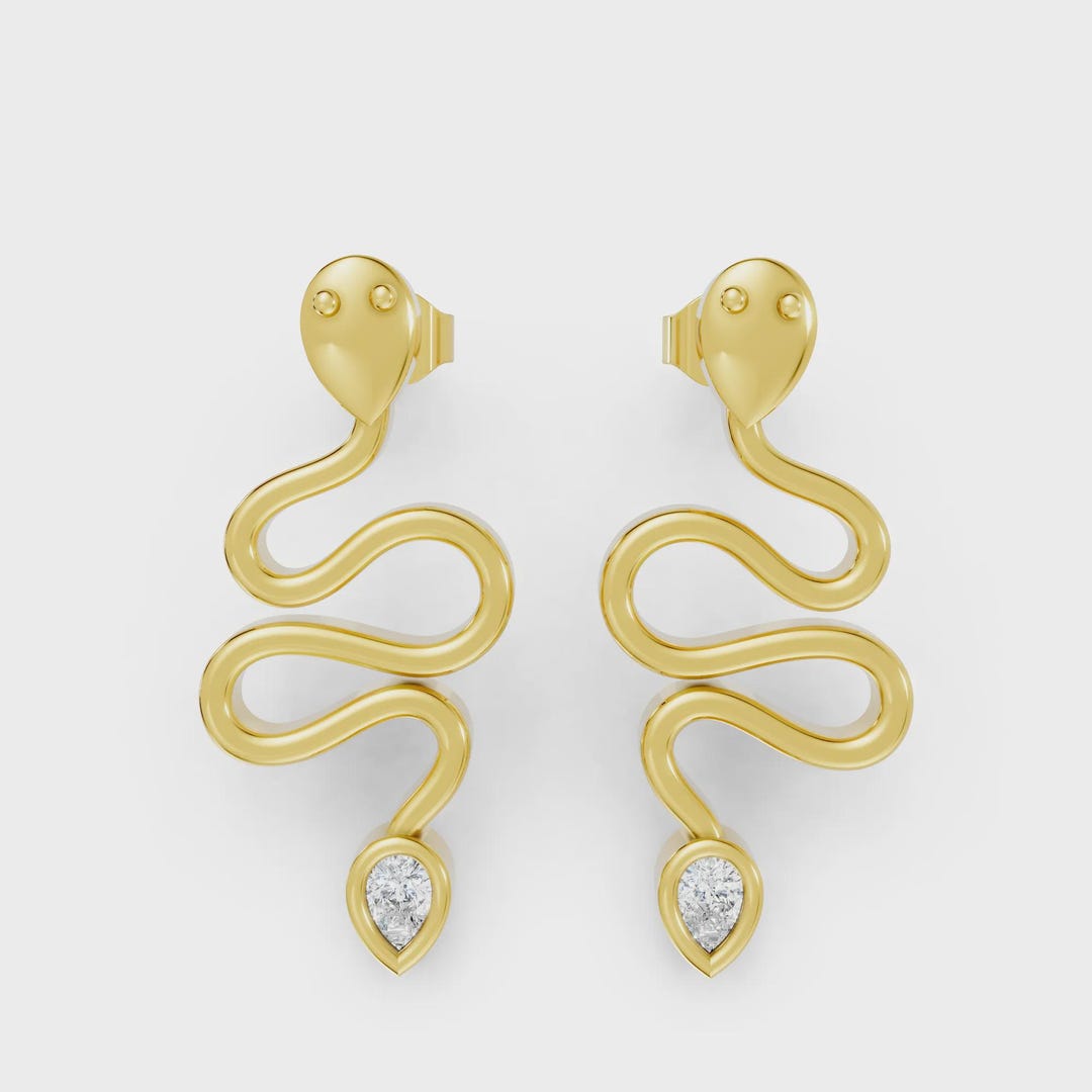 14K Gold Pear Cut Snake-inspired Wavy Earrings| Lab Grown Diamond Bezel ...