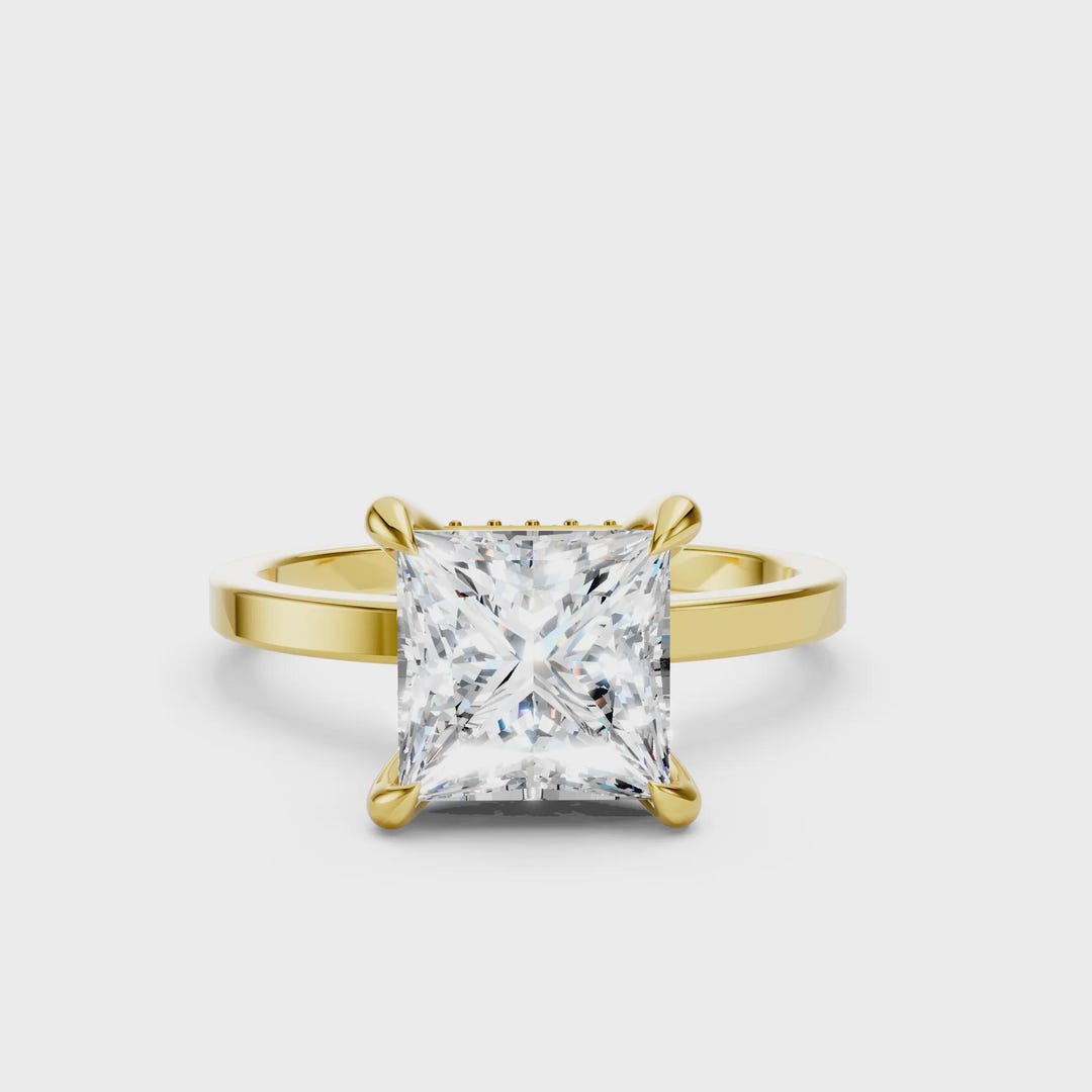 Princess Cut Hidden Halo Engagement Ring, 14K Gold Lab Grown Diamond ...