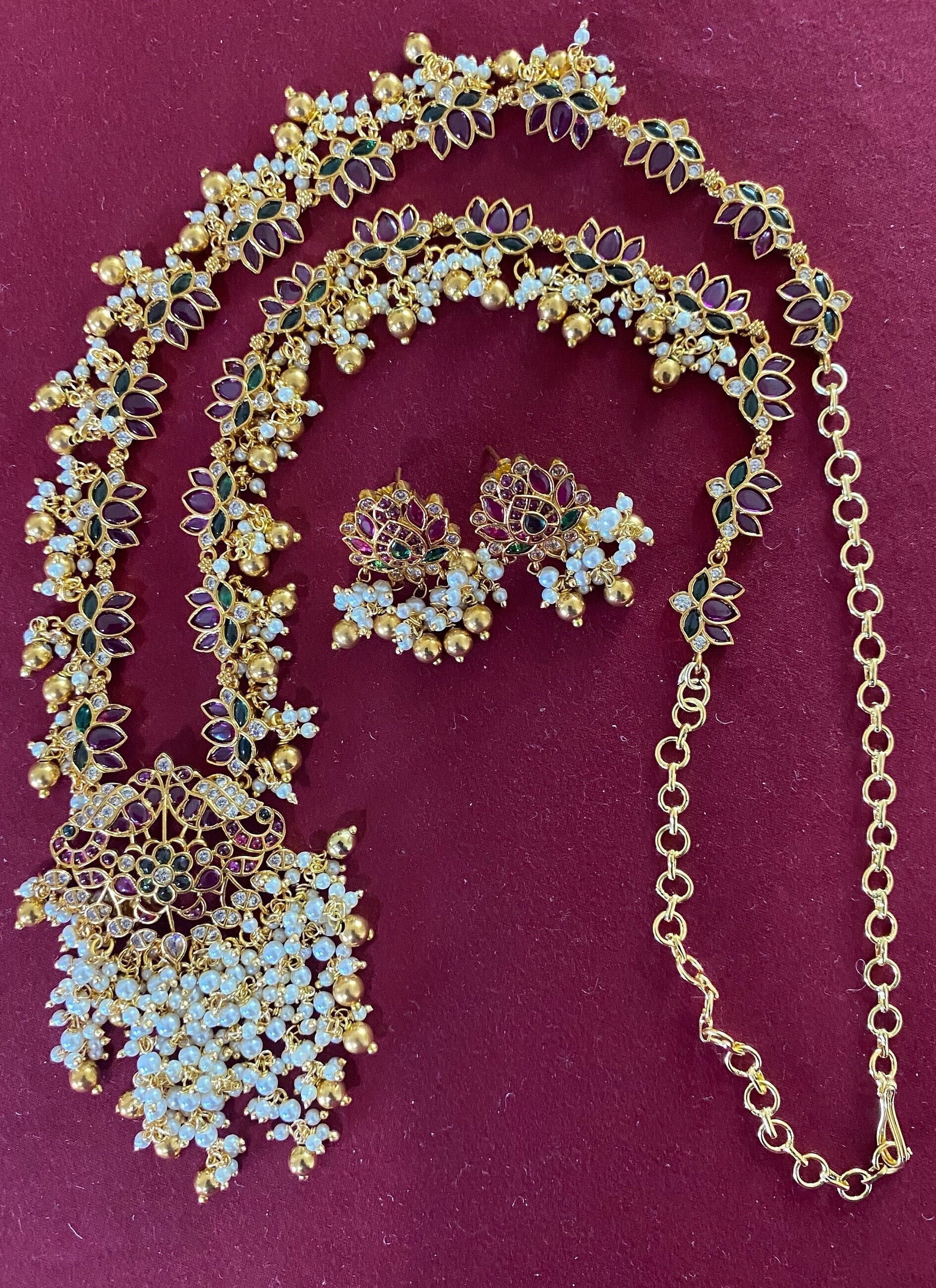 Lotus Long Necklace Indian Long Kemp Necklace With Cluster Pearlsone ...