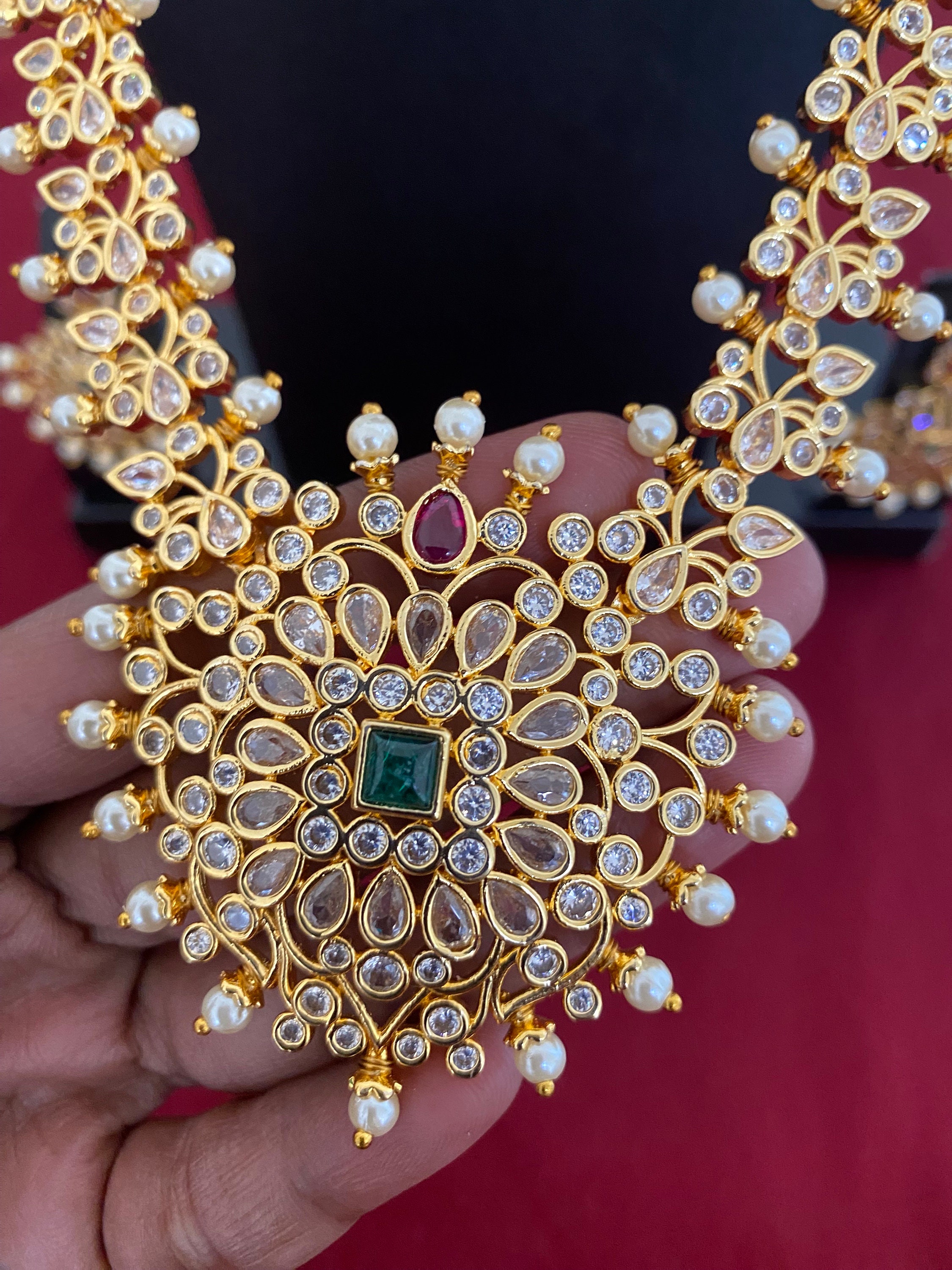 Matte Gold Antique Long Haram With Potta Stones Set long - Etsy