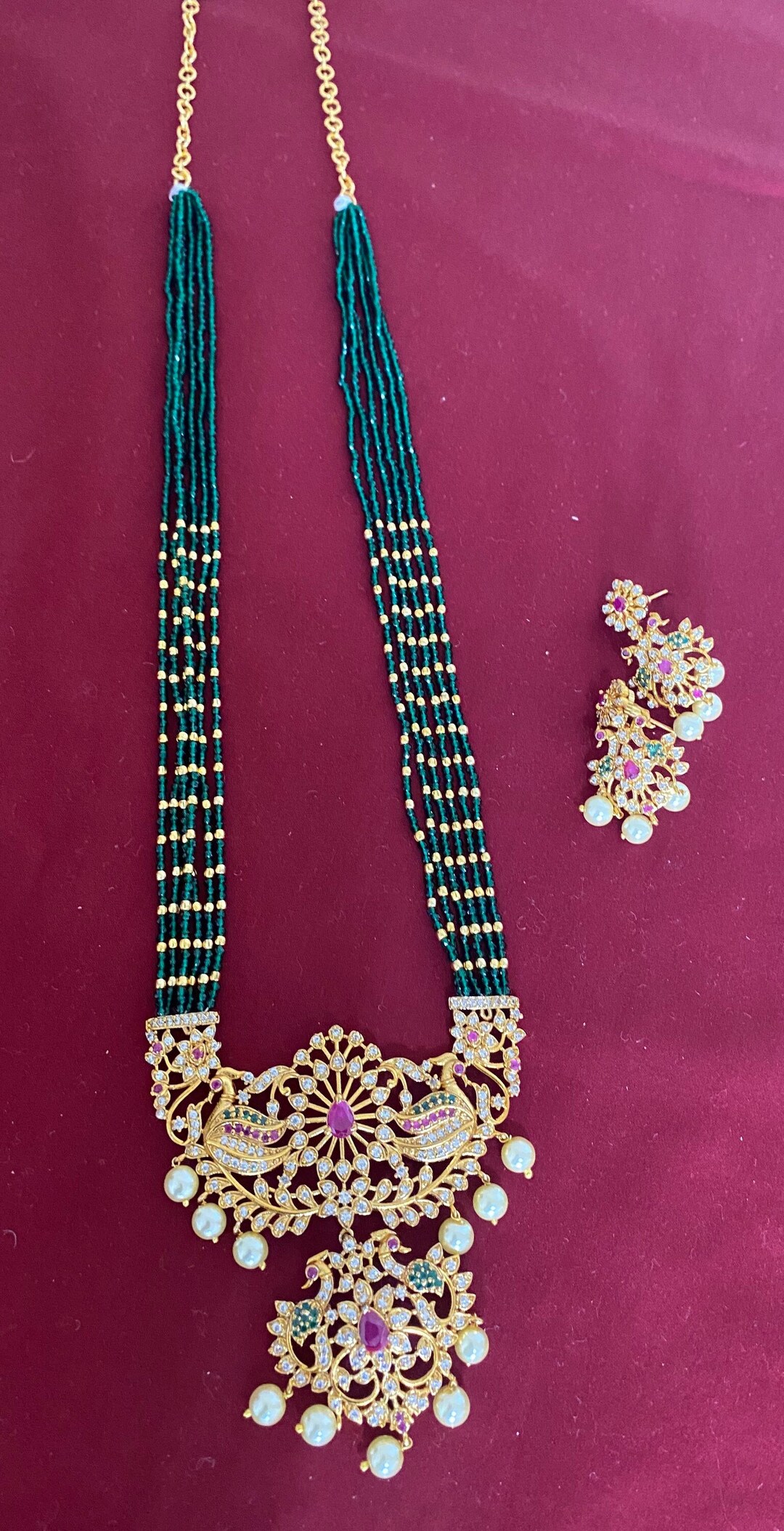 Green Crystal Hydro Beads Long Haram With Earrings| Emarald Green Beads ...