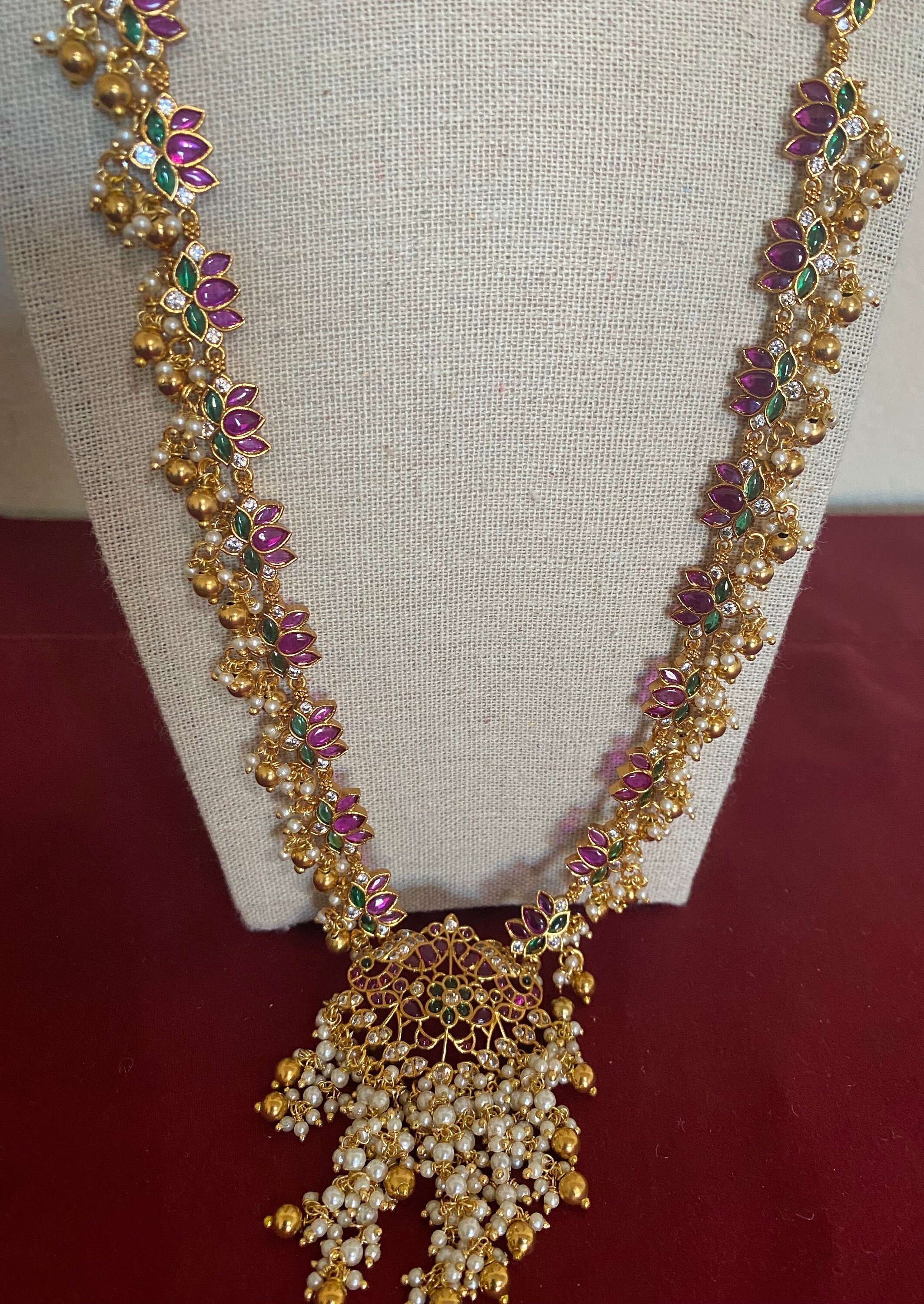 Lotus Long Necklace Indian Long Kemp Necklace With Cluster Pearlsone ...