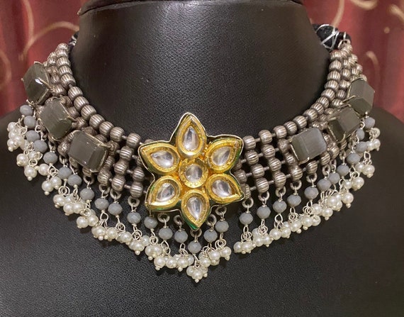 Oxidised Silver Guttapusaluguttapusalu Necklace With Kundan Workchoker Oxidised north Indian Choker Guttapusalu Chokerguttapusalu Neck Etsy