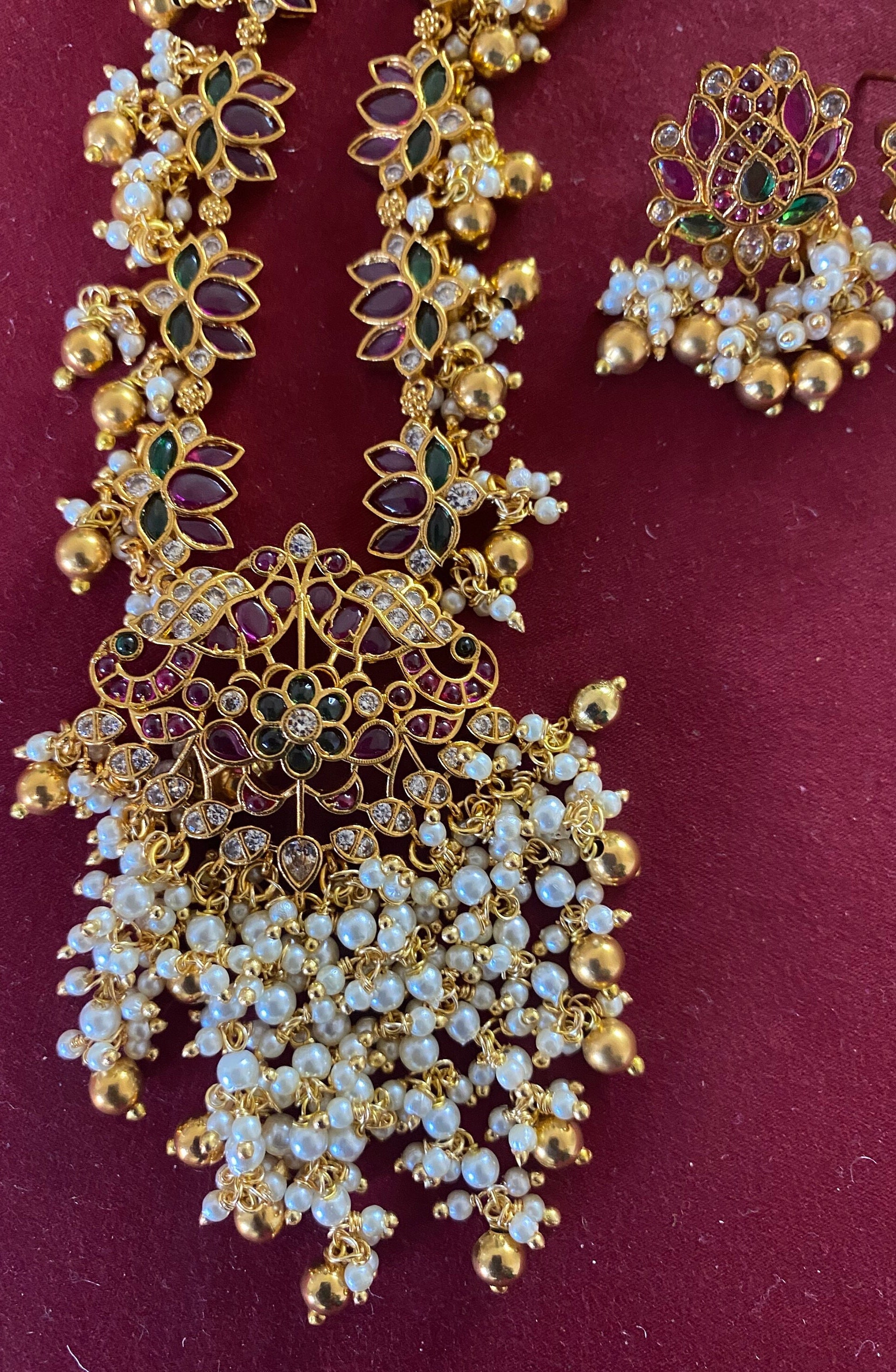 Lotus Long Necklace Indian Long Kemp Necklace With Cluster Pearlsone ...