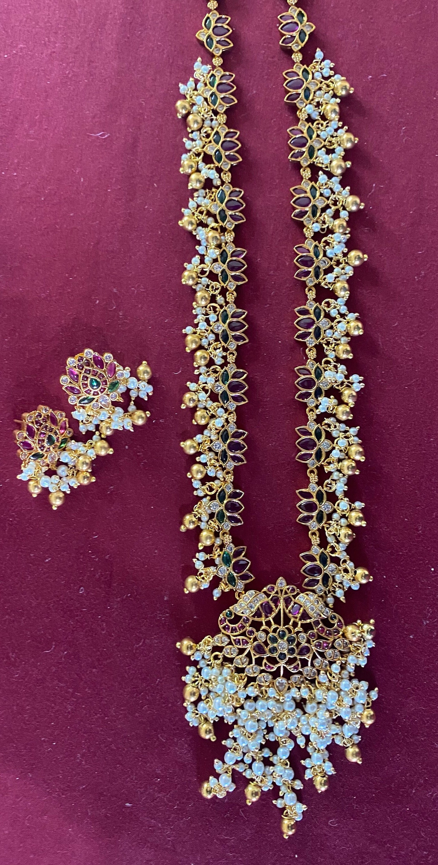 Lotus Long Necklace Indian Long Kemp Necklace With Cluster Pearlsone ...