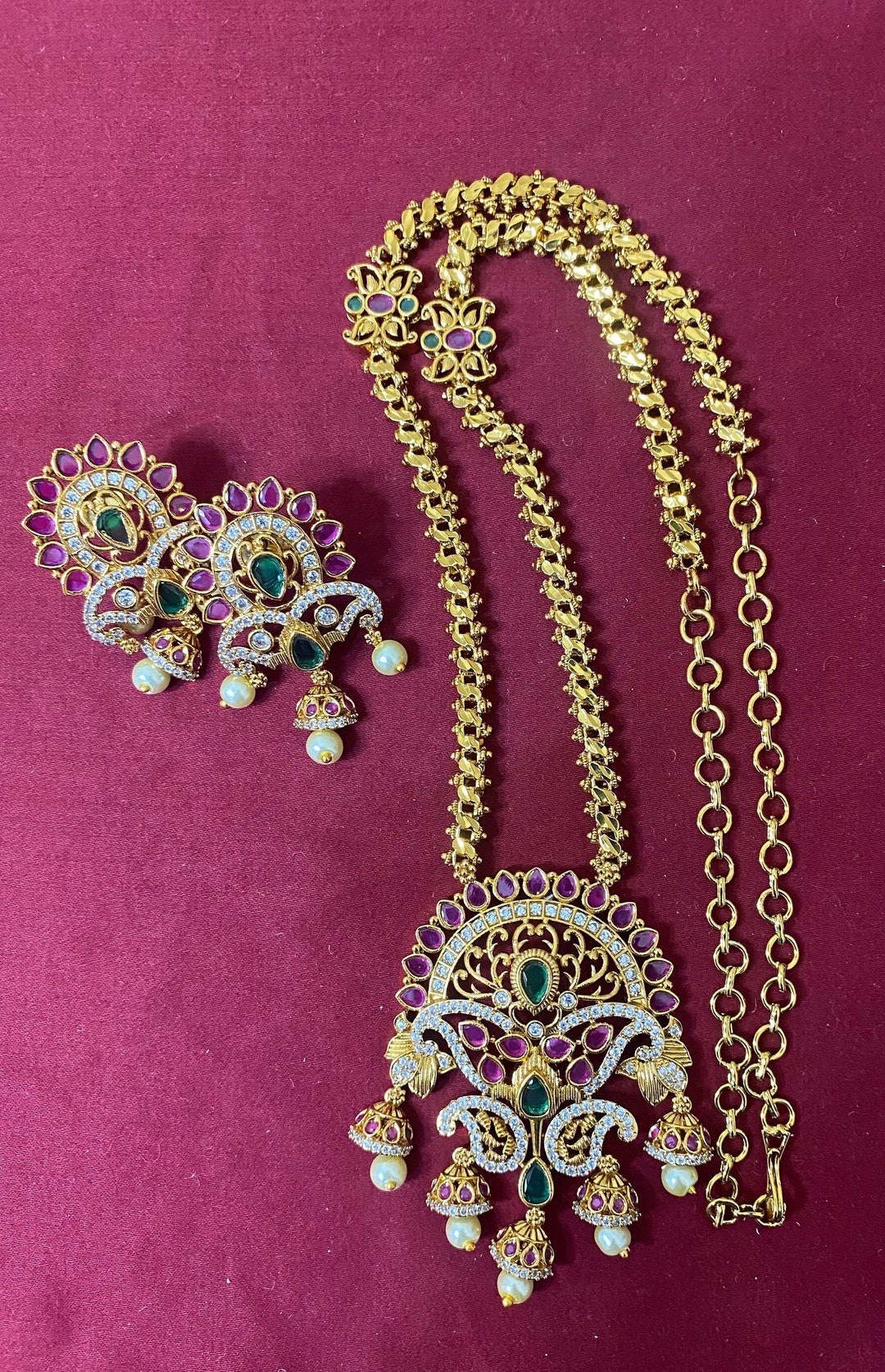 Gold Finish Long Haram With Stones | Traditional Gold Mala With ...
