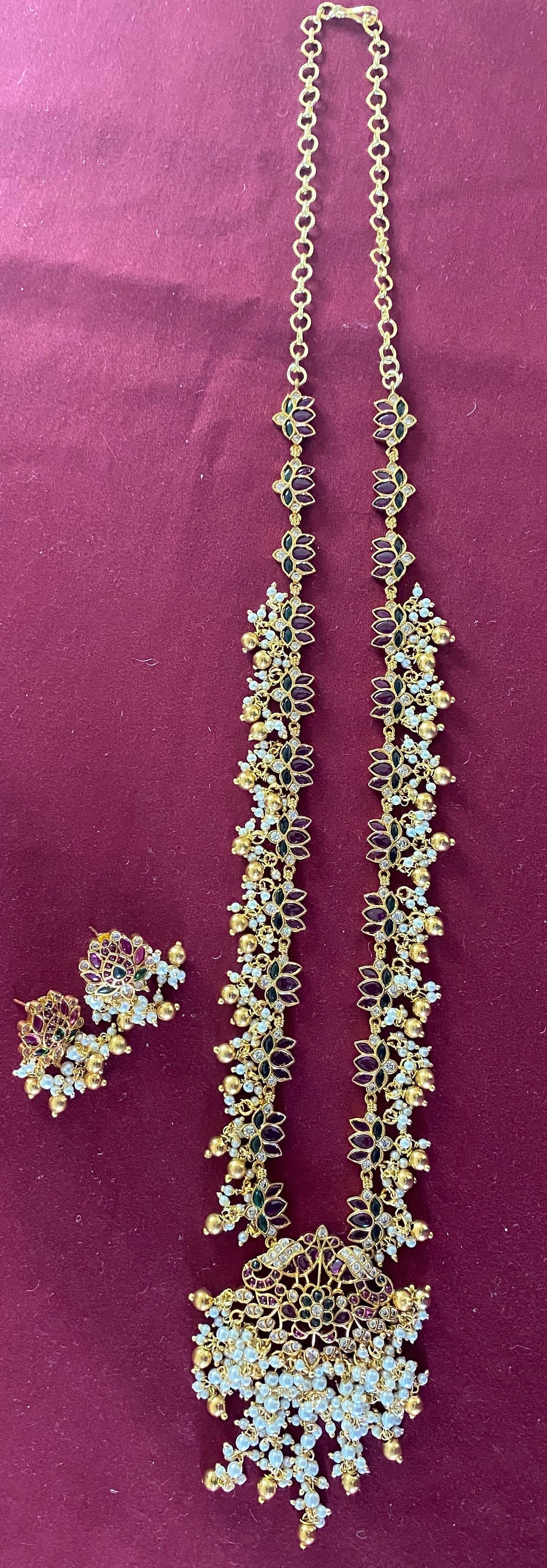 Lotus Long Necklace Indian Long Kemp Necklace With Cluster Pearlsone ...