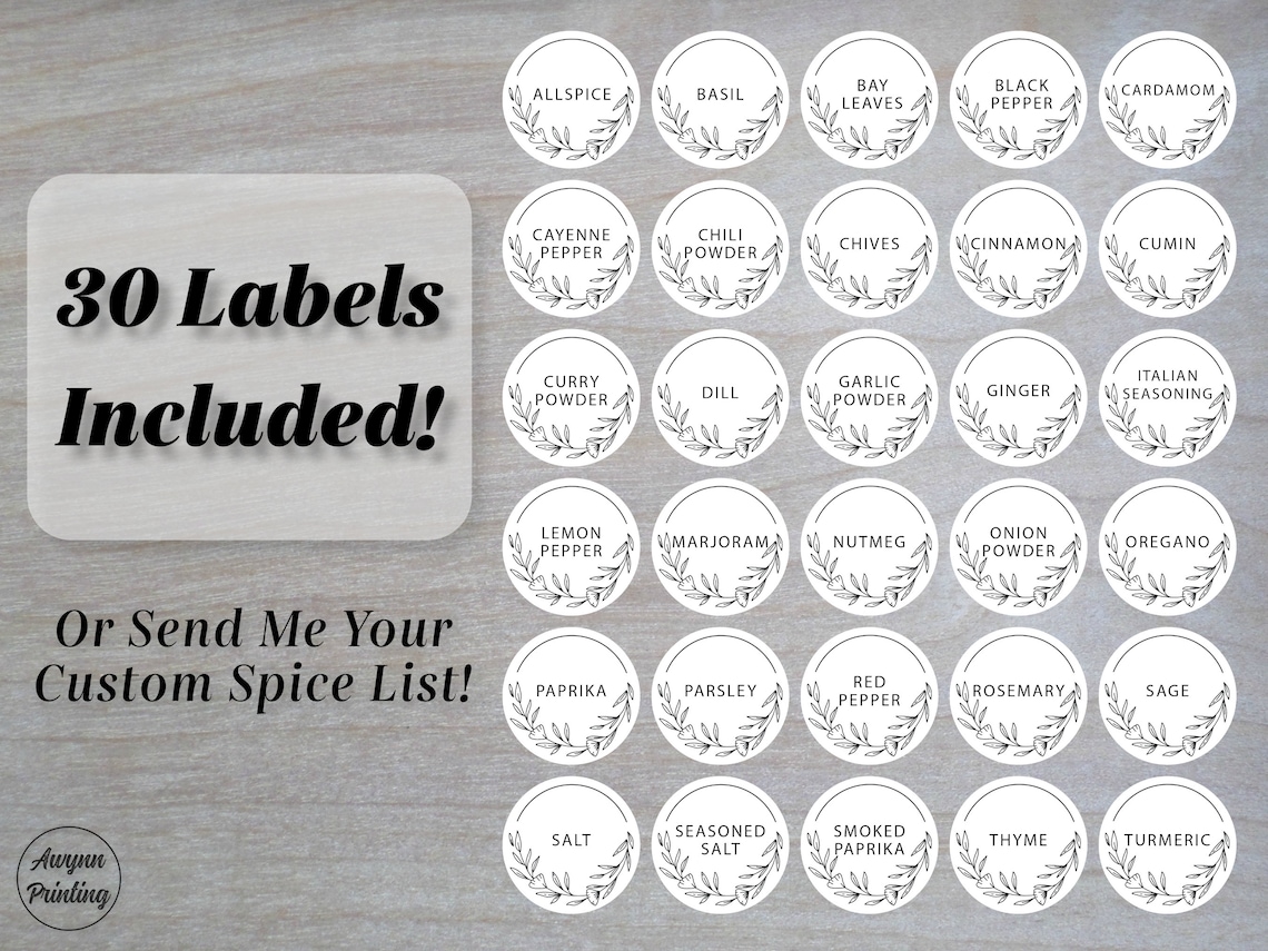 30 Round Spice Lid Labels • 30 Labels Included • Waterproof • 1.5 ...