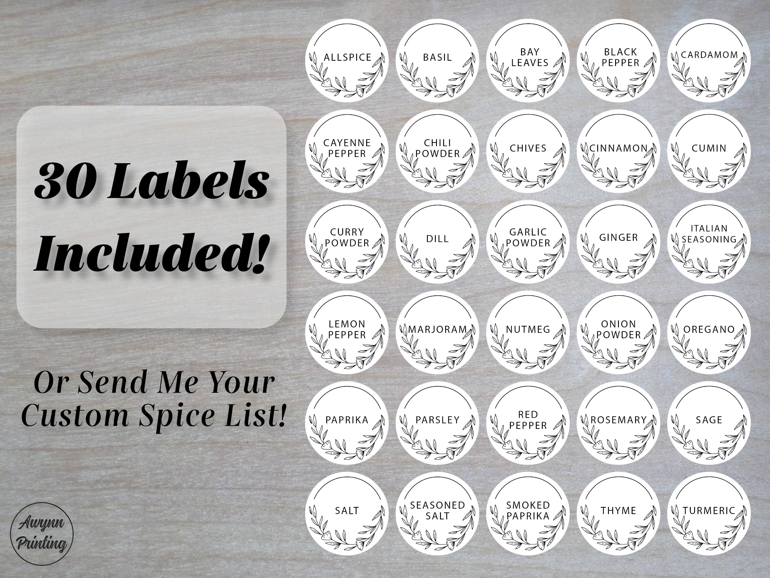 30 Round Spice Lid Labels • 30 Labels Included • Waterproof • 1.5 ...