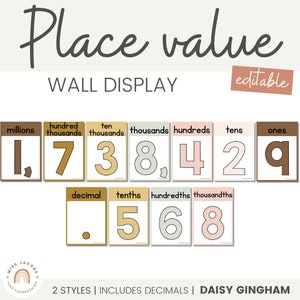 Place Value Posters Bulletin Board Display Daisy Gingham Neutral Math ...