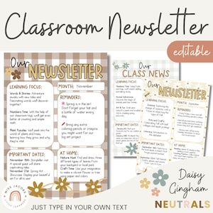 Editable Classroom Newsletter Template | Daisy Gingham Neutrals ...