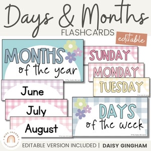 Days and Months Flashcards Daisy Gingham Pastels Classroom Decor ...