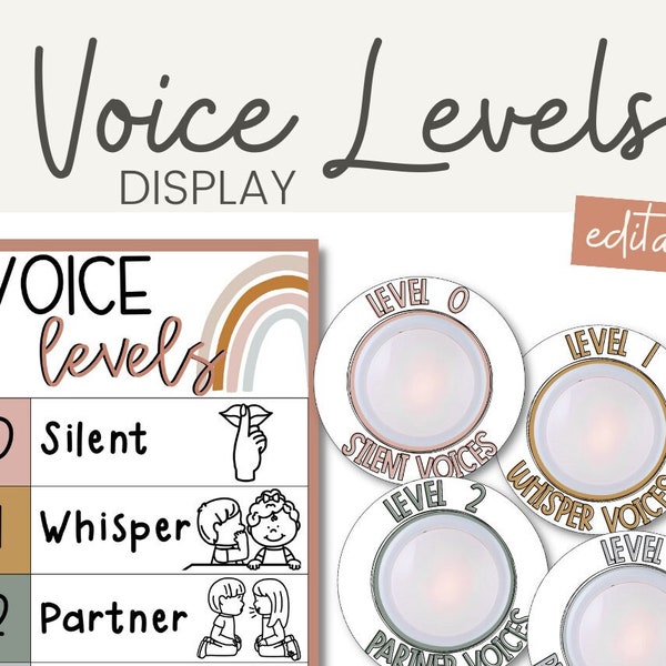 Voice Level Chart Classroom Printable Display, Editable in Canva, Boho ...