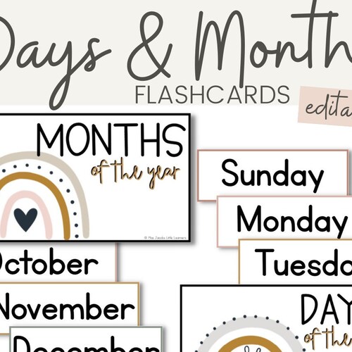 Days and Months Flashcards BOHO RAINBOW Classroom Decor - Etsy