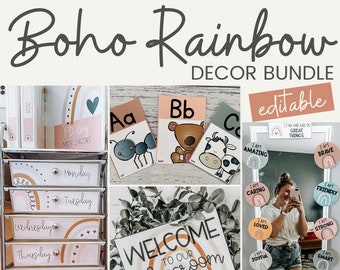 BOHO RAINBOW Classroom Labels Bundle Editable Neutral | Etsy