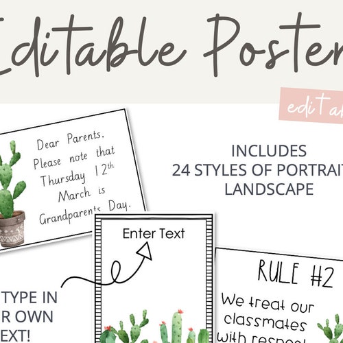 CACTUS Editable Classroom Posters Pack Cactus Classroom - Etsy