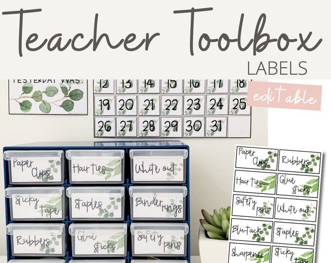 Editable Teacher Toolbox Labels, Eucalyptus Classroom Theme Drawer ...
