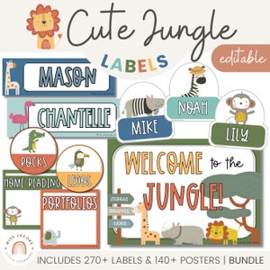 Cute Jungle Animals Classroom Labels Bundle | Editable Student Name ...