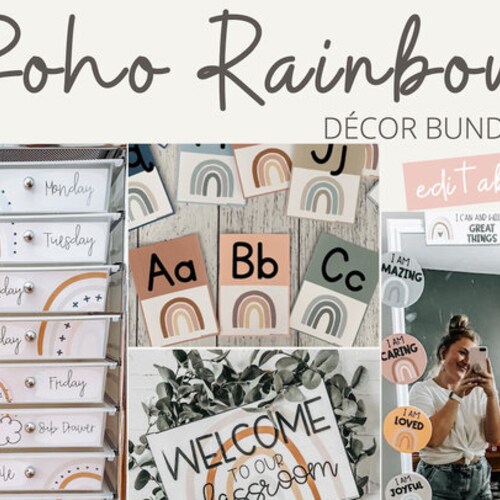 BOHO RAINBOW Classroom Decor Bundle Editable Neutral | Etsy