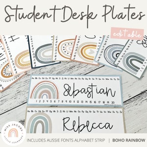 BOHO RAINBOW Classroom Labels & Student Desk Plates Editable Neutral ...
