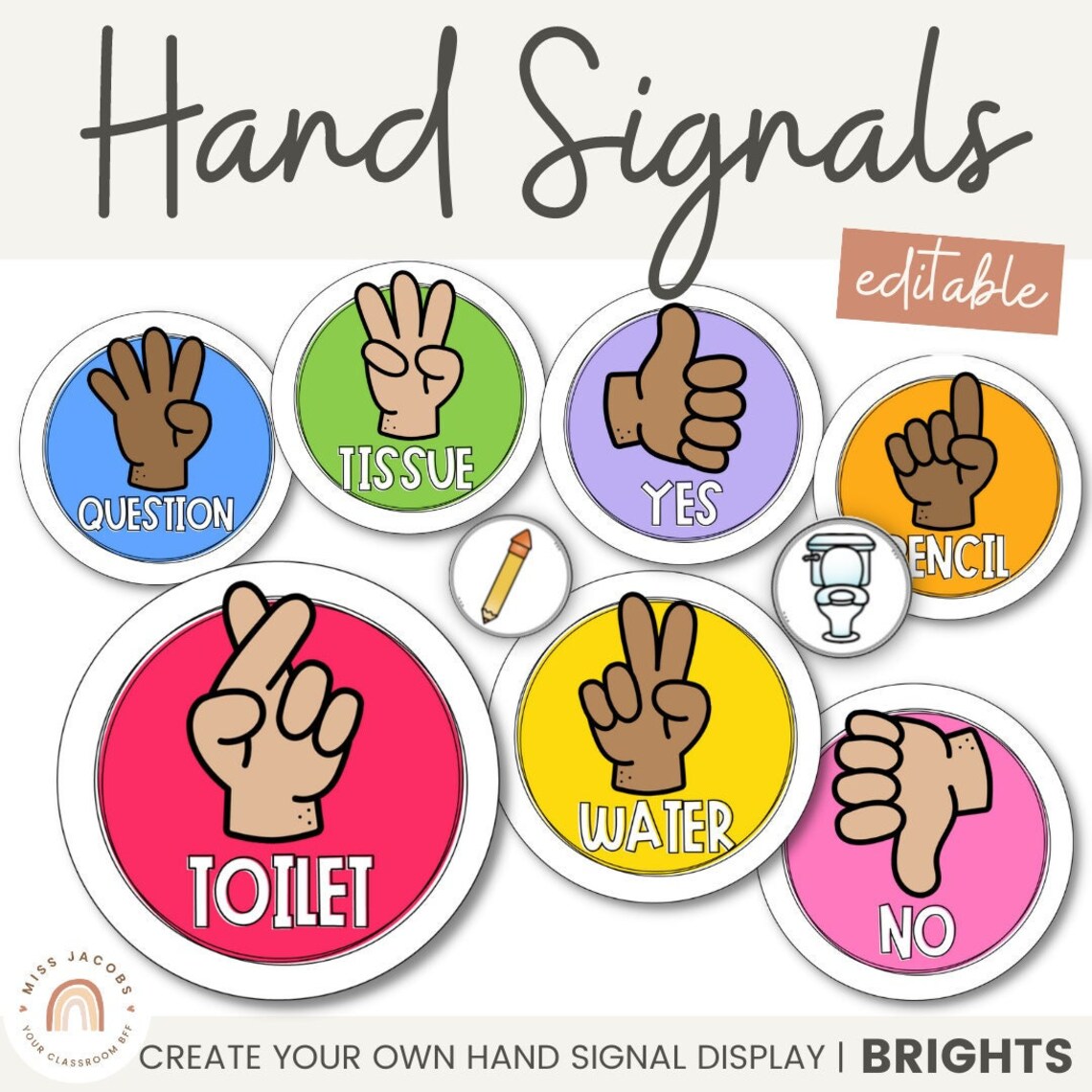 Hand Signals for Classroom | BRIGHTS | Editable Classroom Decor - Etsy