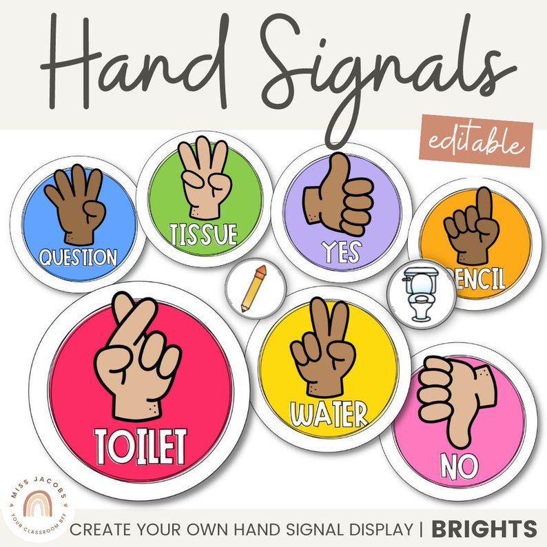 Hand Signals for Classroom BRIGHTS Editable Classroom - Etsy