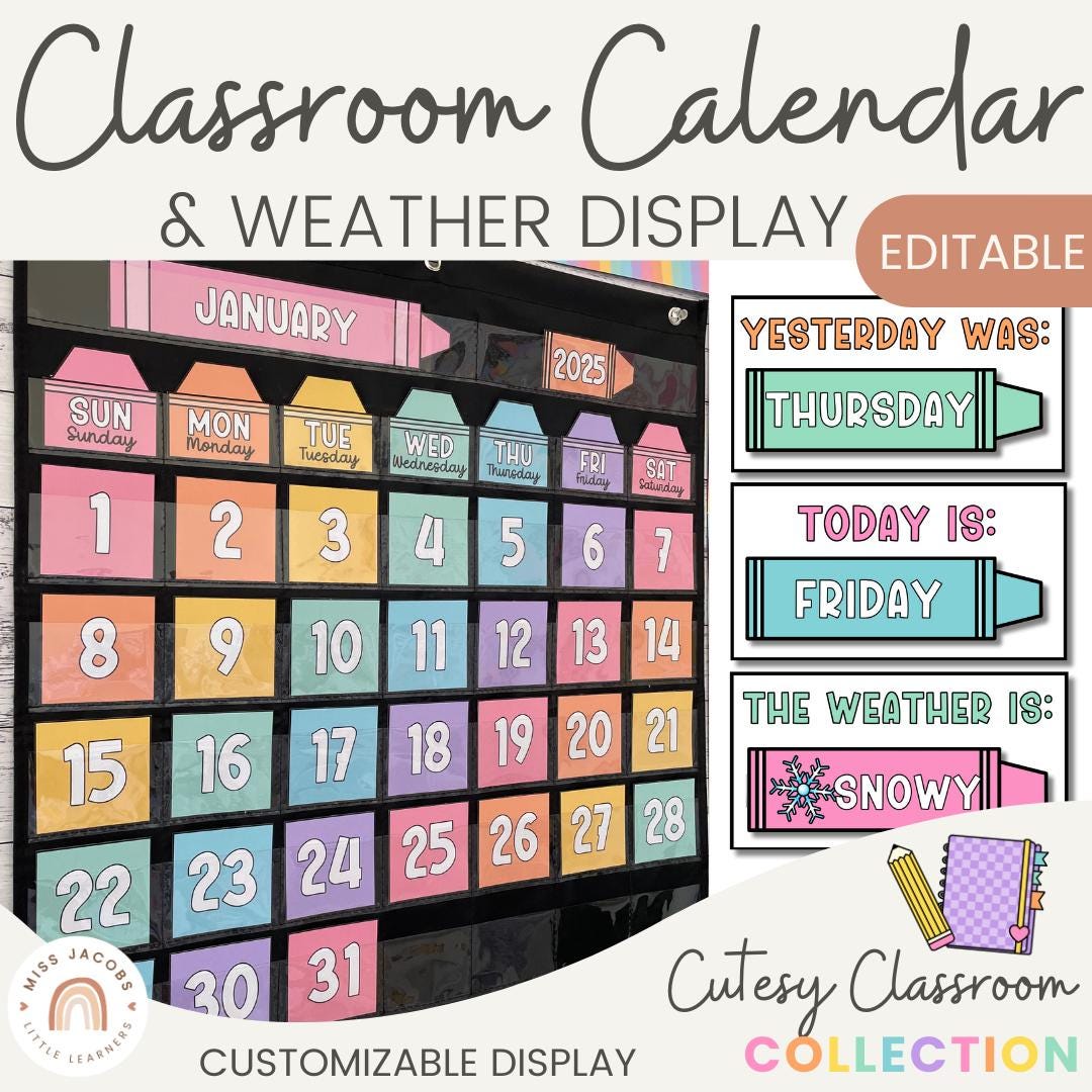 Cutesy Calendar and Weather Classroom Display, Printable Teacher Pocket ...
