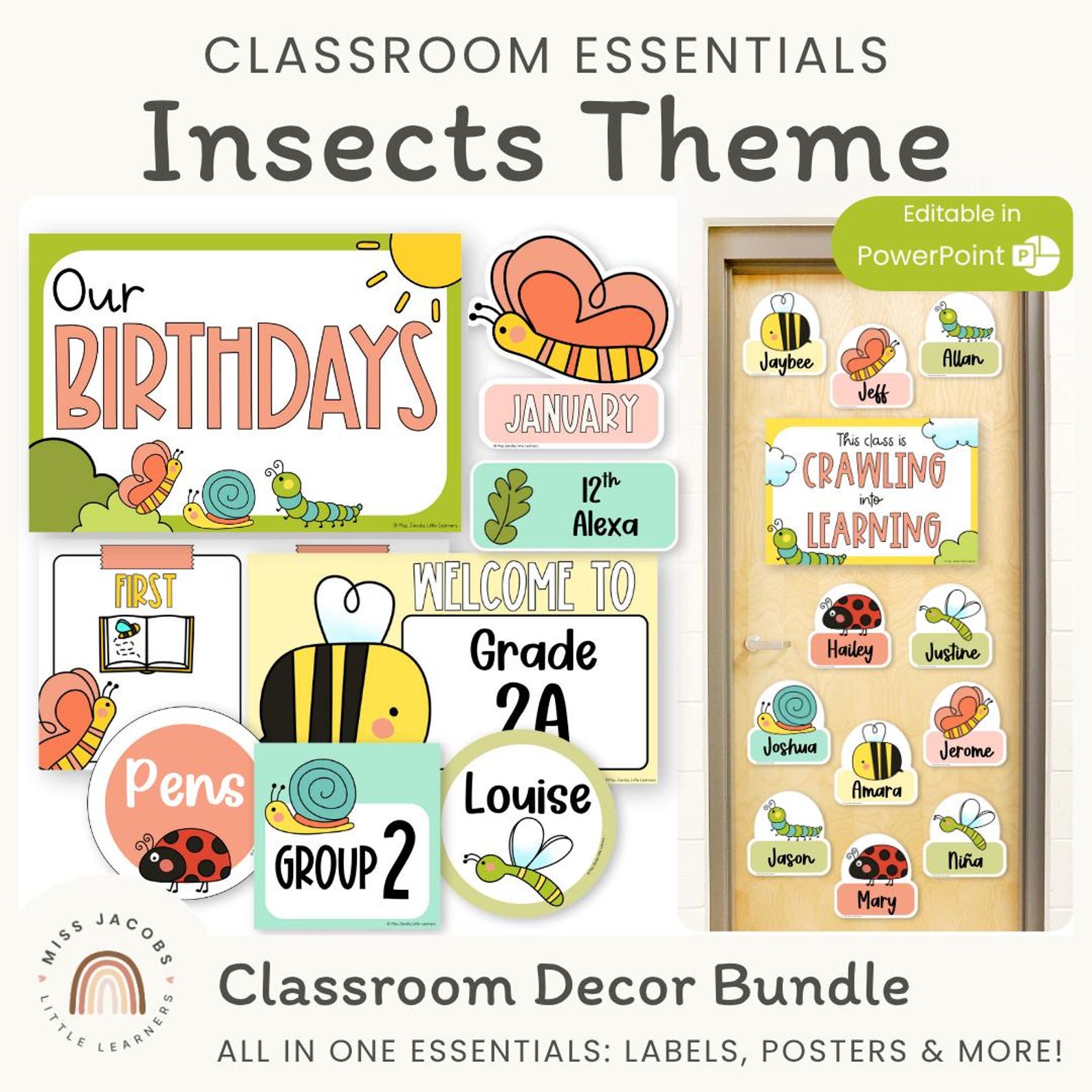 Insects Theme Classroom Decor Bundle, Editable Spring Bugs Set Teacher ...