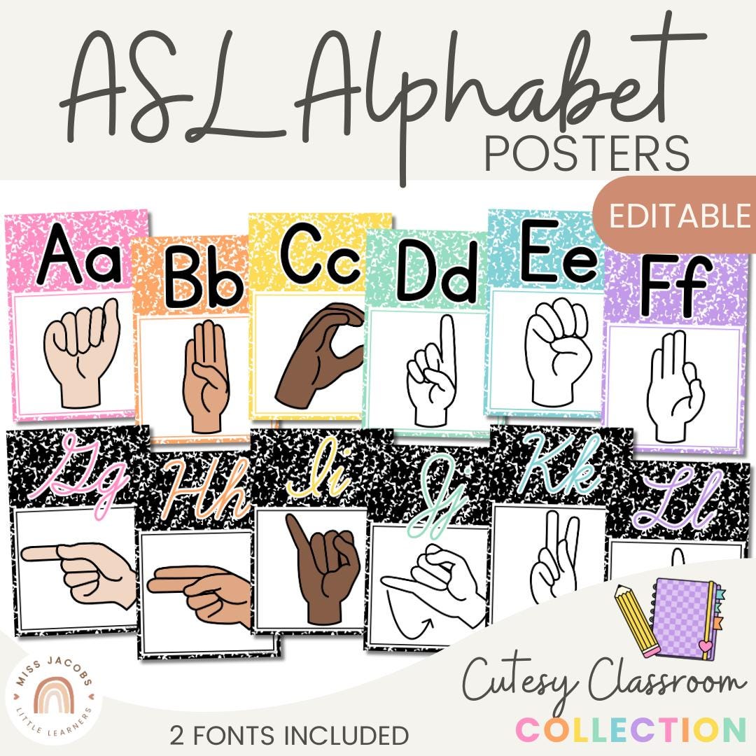 Cutesy ASL Alphabet Posters, Printable American Sign Language Classroom ...