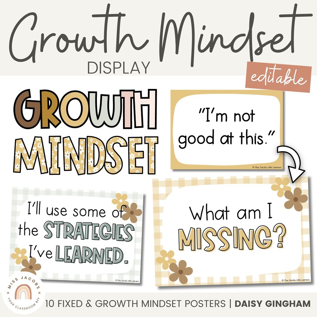 Modern Growth Mindset Display Daisy Gingham Neutral Classroom Decor ...