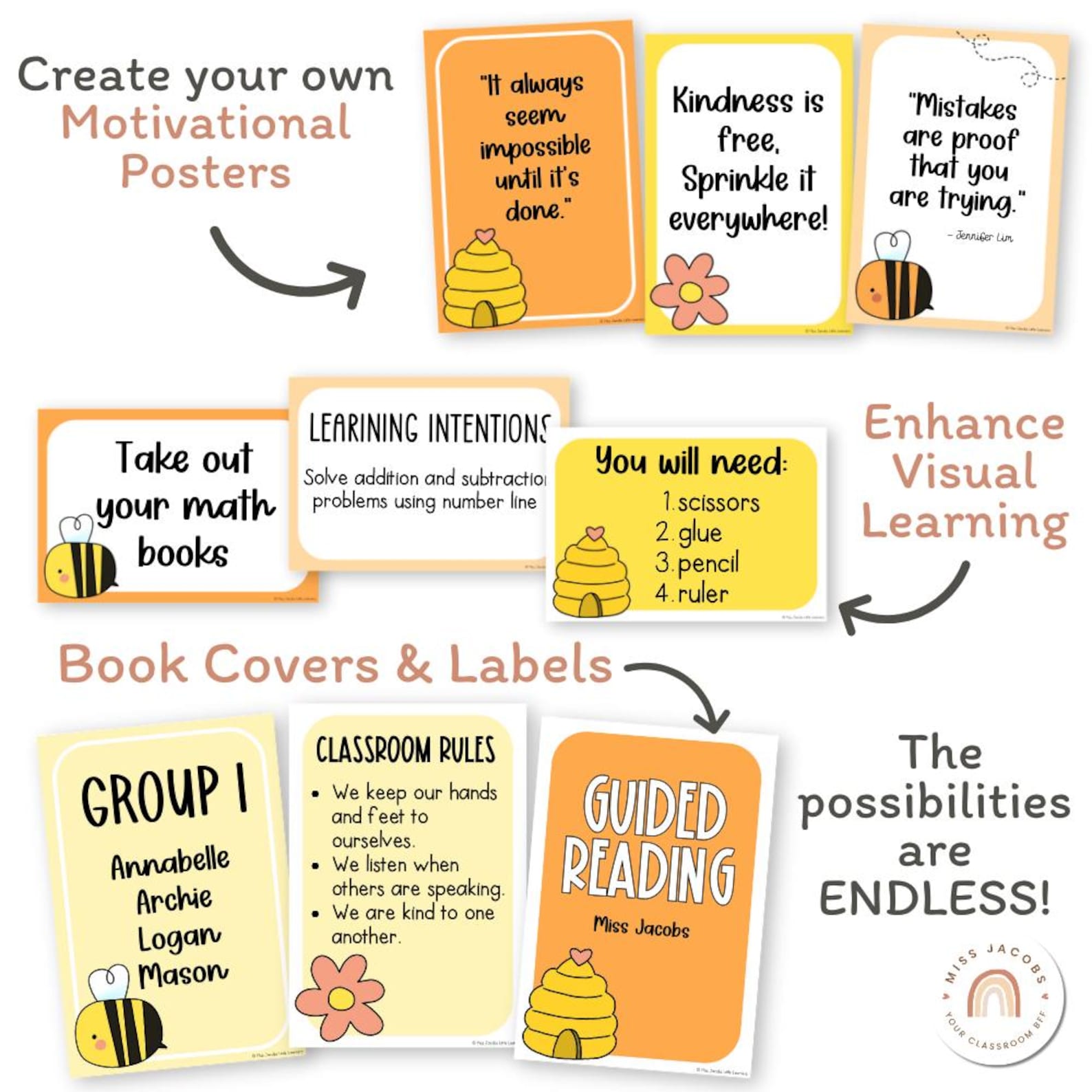 Bee Hive Classroom Decor Bundle, Bright Printable & Editable Elementary ...