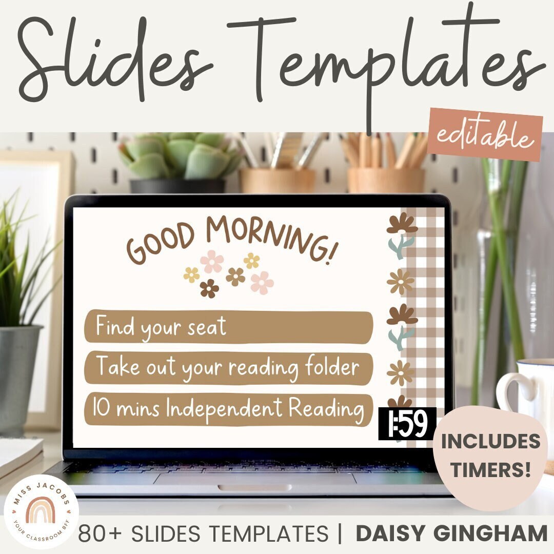 Morning Slides With Timers Daisy Gingham Neutral Classroom Decor ...