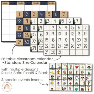 Editable Classroom Calendar | Boho Plants / Rustic Pocket Chart ...