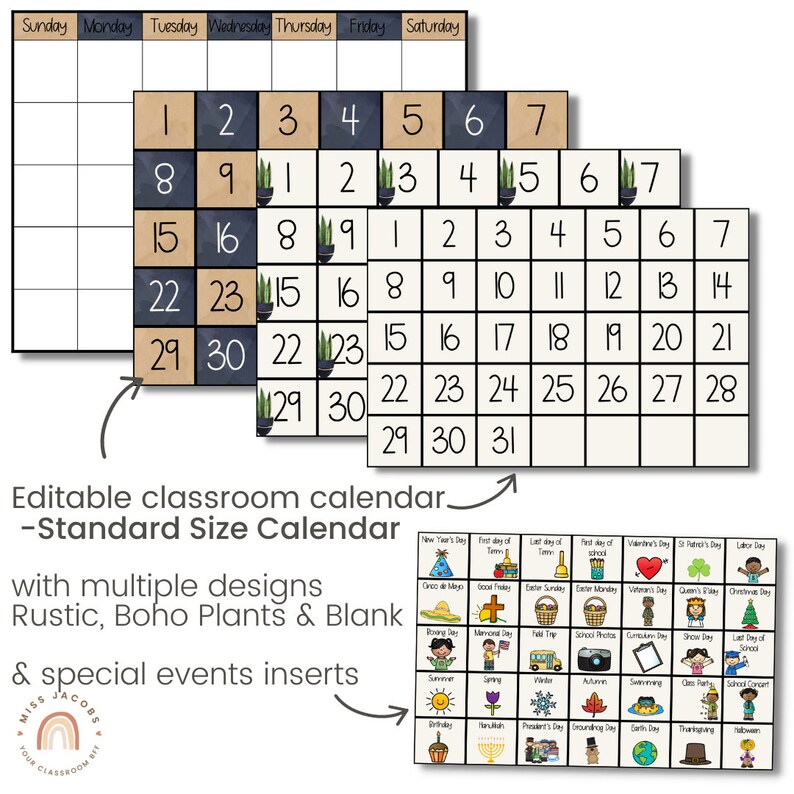 Editable Classroom Calendar | Boho Plants / Rustic Pocket Chart ...
