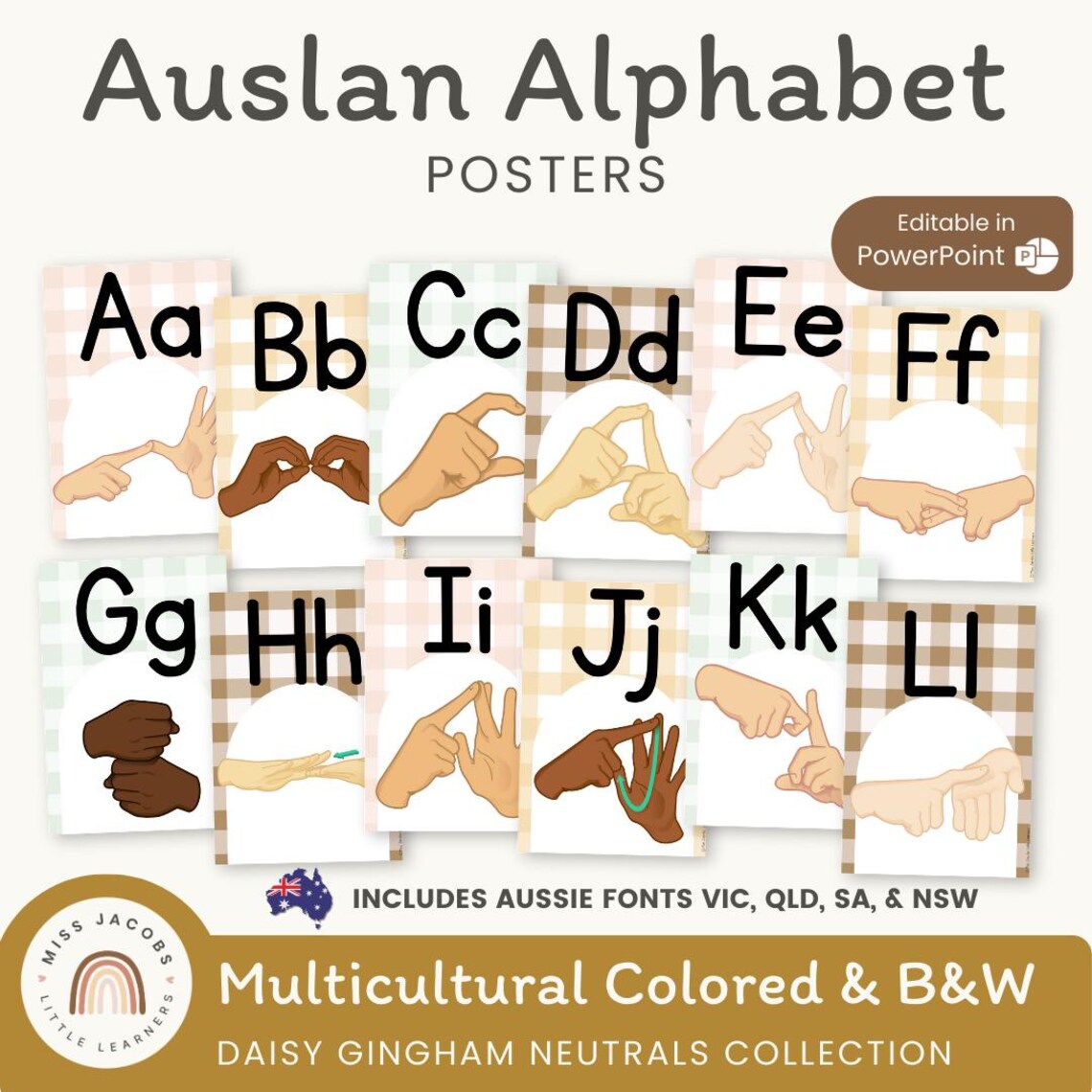 Daisy Gingham Auslan Alphabet Posters: Neutrals Australian Fonts, Sign ...
